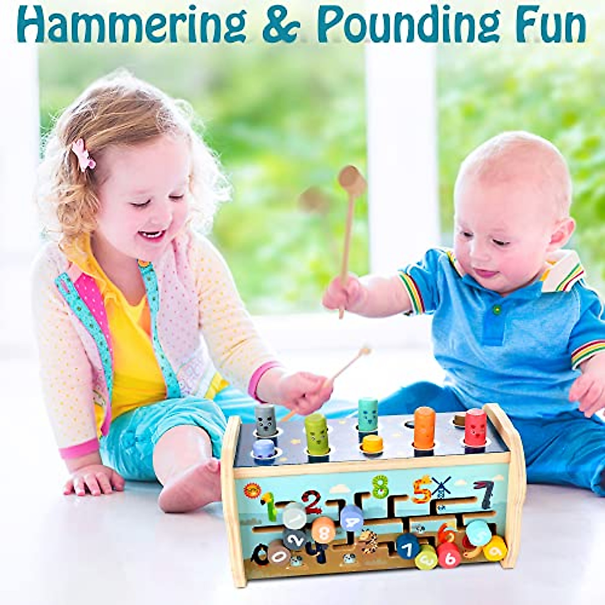 KIDWILL Wooden Hammering Pounding Toy for 12+ Months Kids, Montessori Toys for 1+ Year Old Babies, Early Development Toy with Pounding Bench, Xylophone, Number Sorting Maze, Gifts for Toddlers Age 1-2