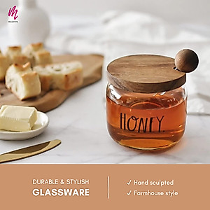 Rae Dunn Honey Pot Dispenser Jar with Dipper Stick, Cute Glass Jar with Lid and Beehive Shaped Dipper