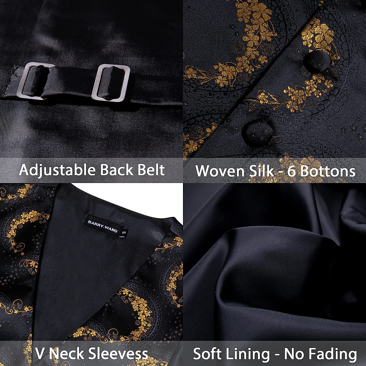 Barry.Wang Mens Suit Vest Gold Flower Silk Jacquard Waistcot Ties Set Formal/Leisure 5PCS