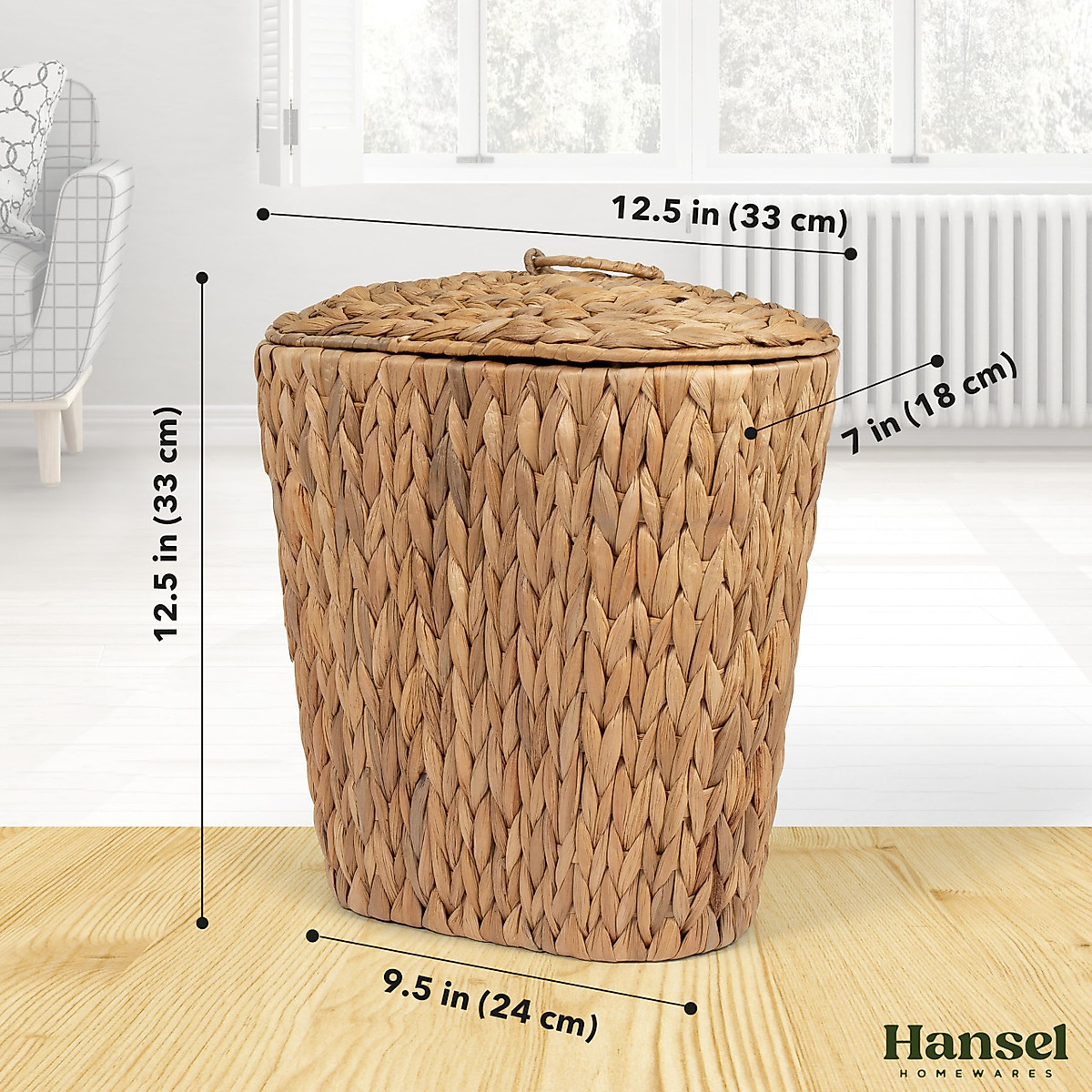 SNOWECRAFT 2-Pack Slim Wicker Basket with Lid – Small Waste Basket for Narrow Spaces | Rattan Decor - Handwoven Water Hyacinth Baskets and Covers | Covered Trash Can - Set of Two
