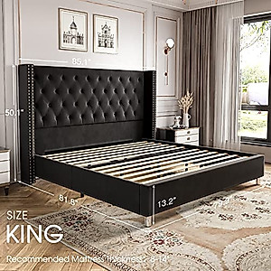 PaPaJet King Bed Frame Upholstered Bed Velvet Low Profile Platform Bed with Raised Wingback Headboard/No Box Spring Needed/Easy Assembly/Black