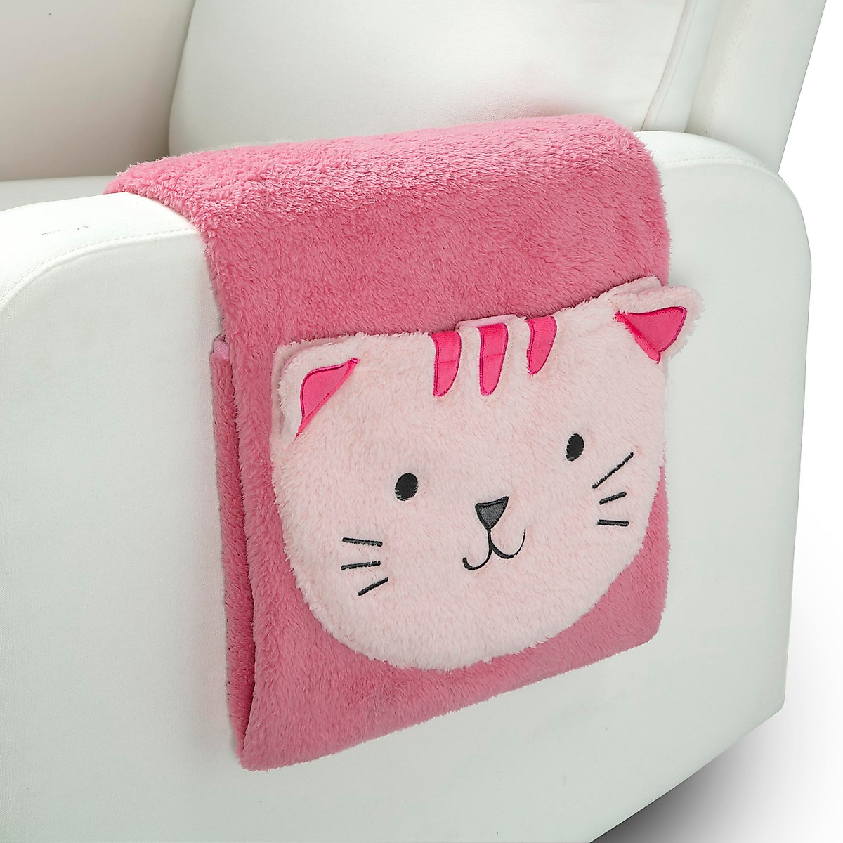 Delta Children Personalized Sherpa Throw Blanket with Storage Pocket for Kids, Magenta Cat