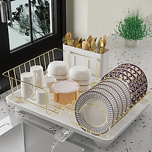 Buruis Dish Drying Rack, Gold Dish Drainer Organizer Includes Removable Drain Board and Utensil Holder, Large Capacity Metal Dish Racks for Kitchen (White)
