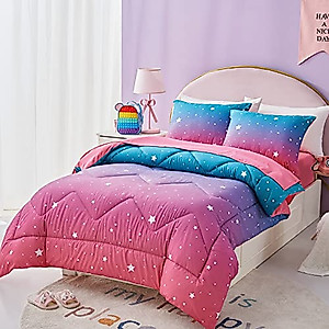 ART DEMO Rainbow Pastel Purple Comforter Sets for Teen Girls, Full Size 5 Pieces Bed in a Bag, Ultra Soft Microfiber Comforter and Sheet Sets, Cooling Summer Dorm Bedding Set
