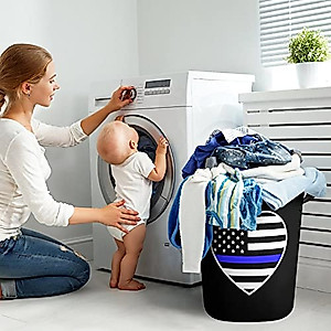 Police Thin Blue Line American Flag Large Laundry Basket Hamper Bag Washing with Handles for College Dorm Portable