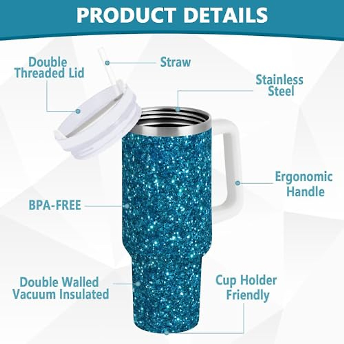 Blue Glitter Texture 40 oz Tumbler with Handle and Straw Lid, Sparkling Sequins Insulated Coffee Cup Reusable Stainless Steel Water Bottle Travel Mug Cupholder Friendly,Gifts for Women Men