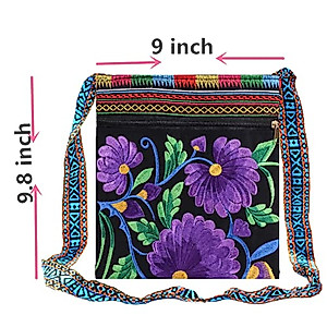Hobo Purse Crossbody Bag for women, 3 Zipper Pockets Vintage Ethnic Tribal Embroidered Boho Hippie Shoulder Bags for girls,ladies (Purple flower)