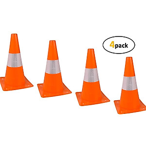 Orange Safety Cones - Hazard Cones (4Pc) 12" Hardware Plastic Safety Cone with Reflective Strip Collar - Great for Kids Play - Physical Distancing Barriers