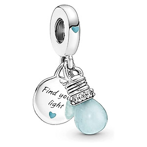 Lkwidi Glow-in-the-dark Lightbulb Double Dangle Charm 925 Sterling Silver Pendant,Jewelry Beads Gifts for Women Bracelet&Necklace