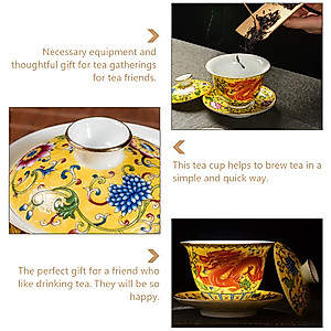 YARNOW Chinese Porcelain Teacup, 1Set of Gaiwan Tureen Cover Bowl Lip Cup Saucer Tea with Lid, Yellow Dragon