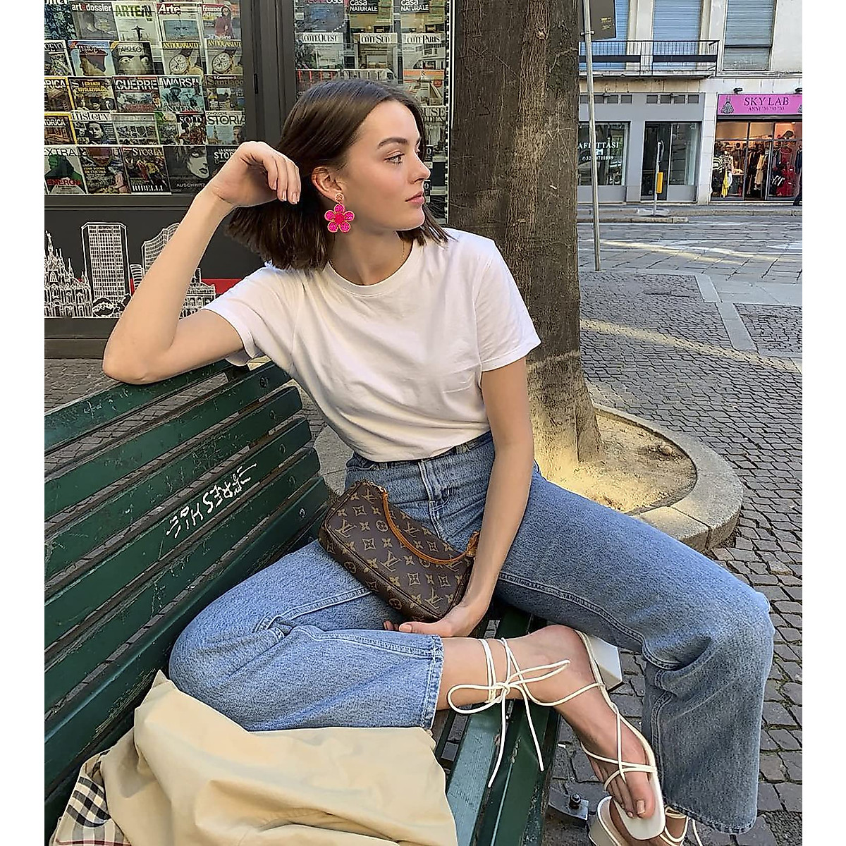 Beaded Drop Earrings Statement Colorful Beaded Flower Earrings Handmade Bohemia Tropical Beadwork Dangle Earrings For Woman (rose red)