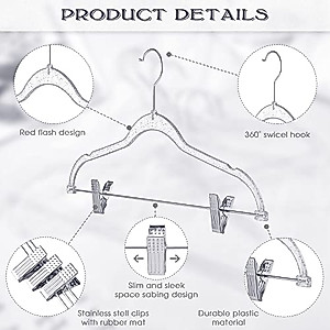 Hoolerry 10 Pcs Clear Hangers with Clips Acrylic Glitter Hangers 17 x 8 Inches Plastic Skirt Pants Hangers with Non Slip Notches Adjustable Clips Coat Hanger for Clothes Skirt Trousers Jeans (Silver)