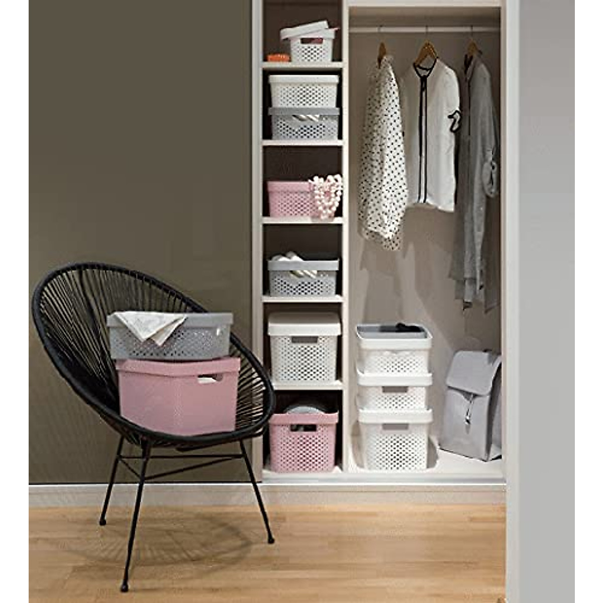 HANAMYA Lidded Storage Bin Organizer | Storage Organizing Container, 16 Liter, Set of 4, Gray