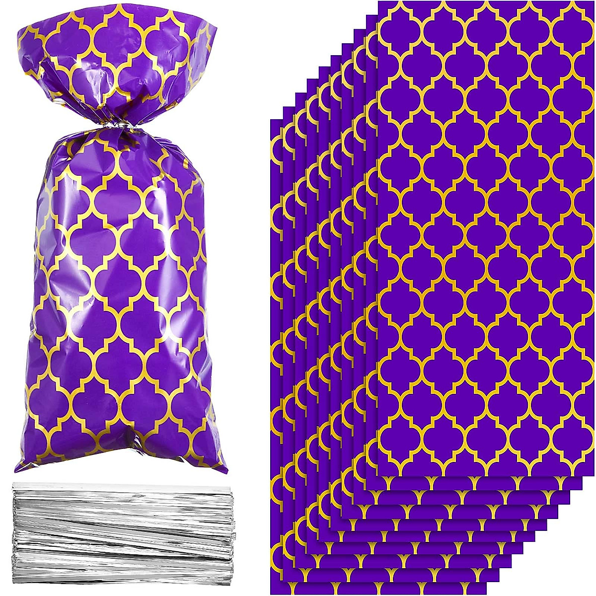 100 Pieces Arabian Nights Cellophane Treat Bags,Eid Mubarak Party Treat Bags,Purple and Gold Goodie Bags with Twist Ties for Arabian Nights Indian Diwali Party Favors