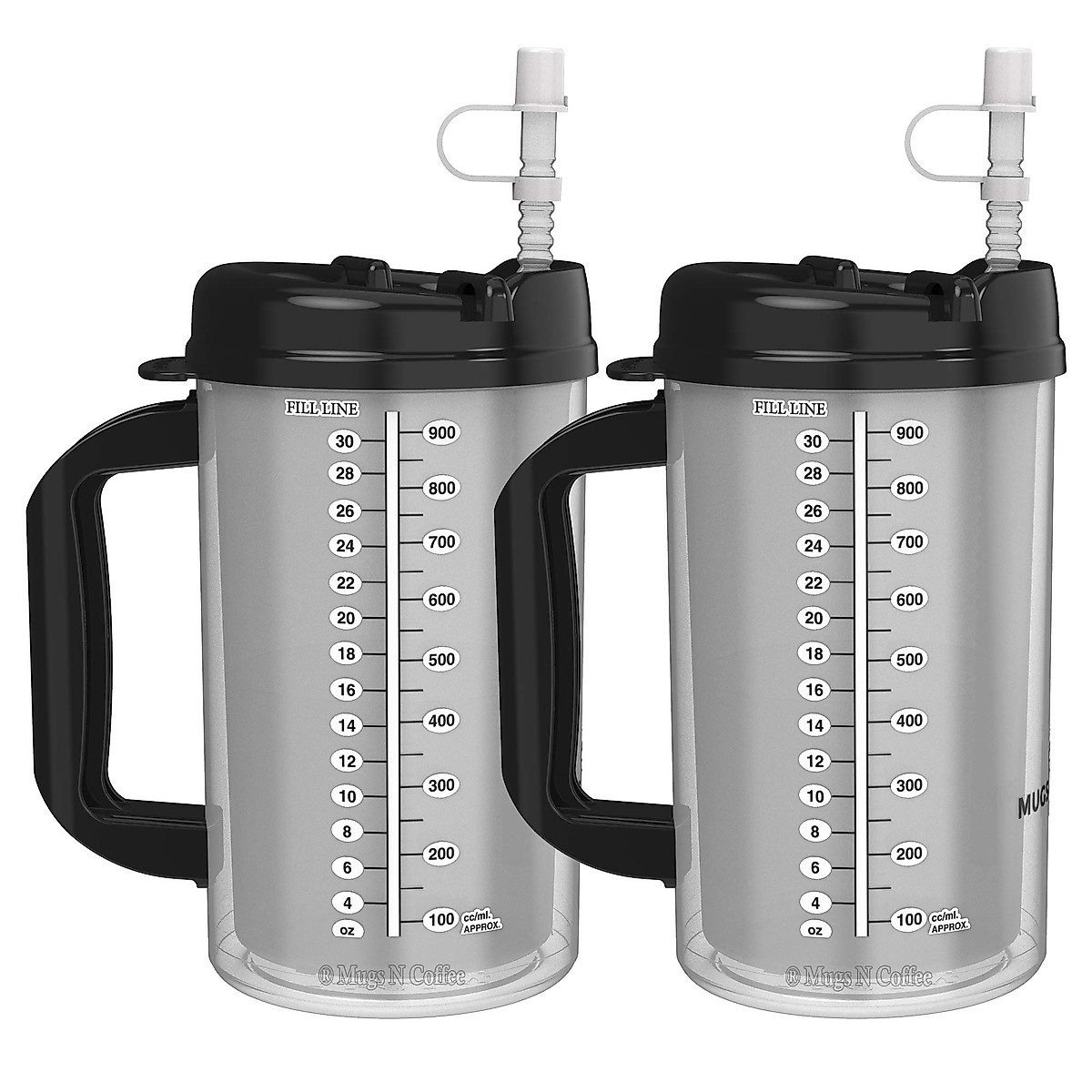 (2) 32 oz Hospital Mugs with Black Lids - Insulated Cold Drink Travel Mugs