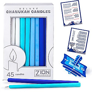 Festive Hanukkah Candles Box of 45 Multi-Blue Candles Thin Chanukah Menorah Candles with Prayer Card & DIY Dreidel Fits Standard Menorahs for All 8 Nights of Hanukah by Zion Judaica