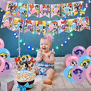 Powerpuff Girls Birthday Party Decoration, Powerpuff Girls Include Kawaii Cartoon Theme Birthday Banner, Cake Topper, Latex Balloons for Kids Birthday Party Supplies, Baby Shower