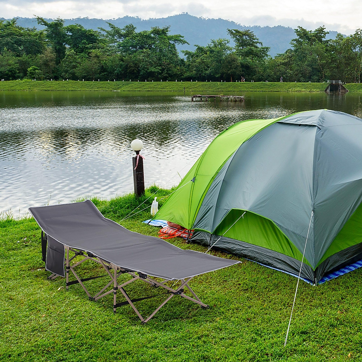 Outsunny Folding Camping Cot for Adults with Carry Bag, Side Pocket, Outdoor Portable Sleeping Bed for Travel, Camp, Vacation, 330 lbs. Capacity, Gray