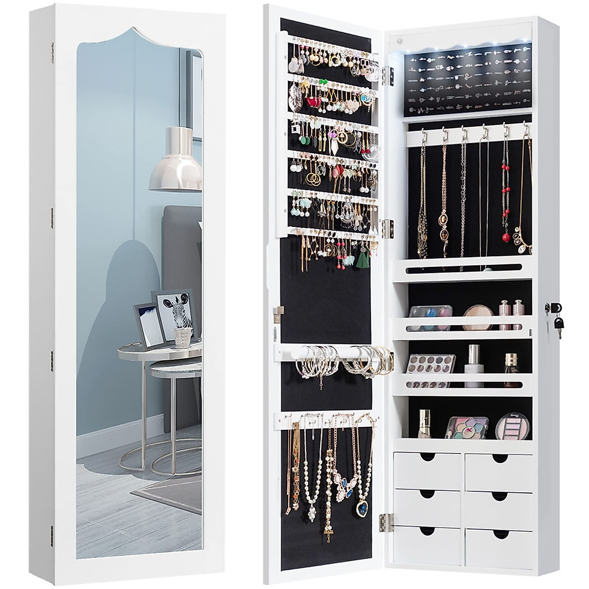 CHARMAID 5 LEDs Mirror Jewelry Armoire Wall Mounted Door Hanging, Lockable Jewelry Cabinet with 47.5"H Full Length Mirror, 6 Storage Drawers, Large Capacity Jewelry Organizer Box with Drawers (White)