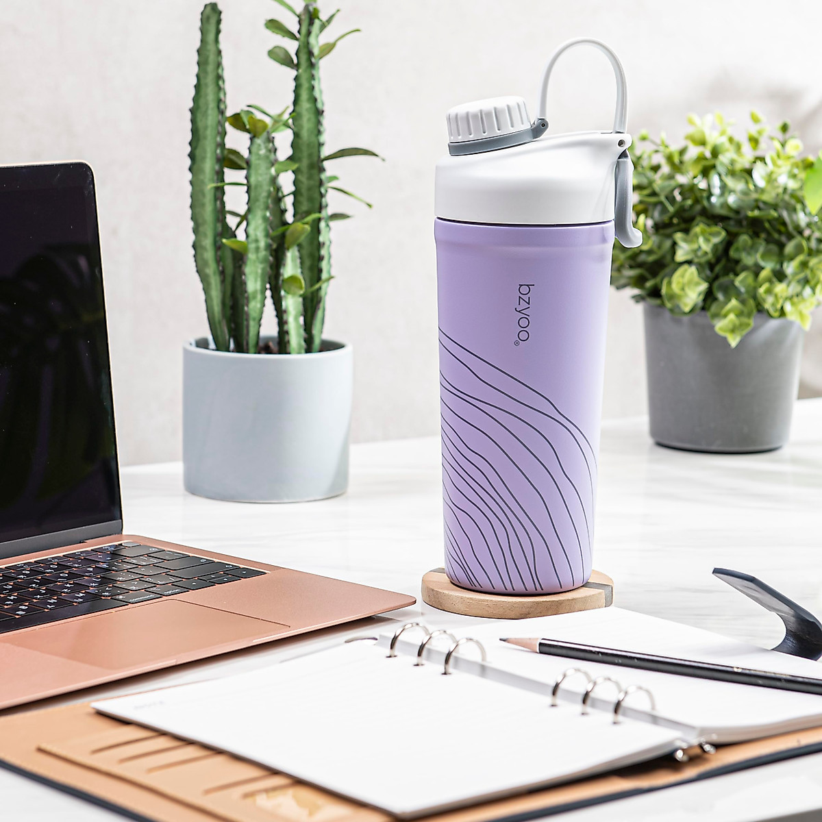 bzyoo 26oz Double-Walled Stainless Steel Insulated Tumbler with Straw Leak Proof Ideal for Smoothies, Ice Tea or Coffee Includes Mixer Ball BPA Free - Organica Purple