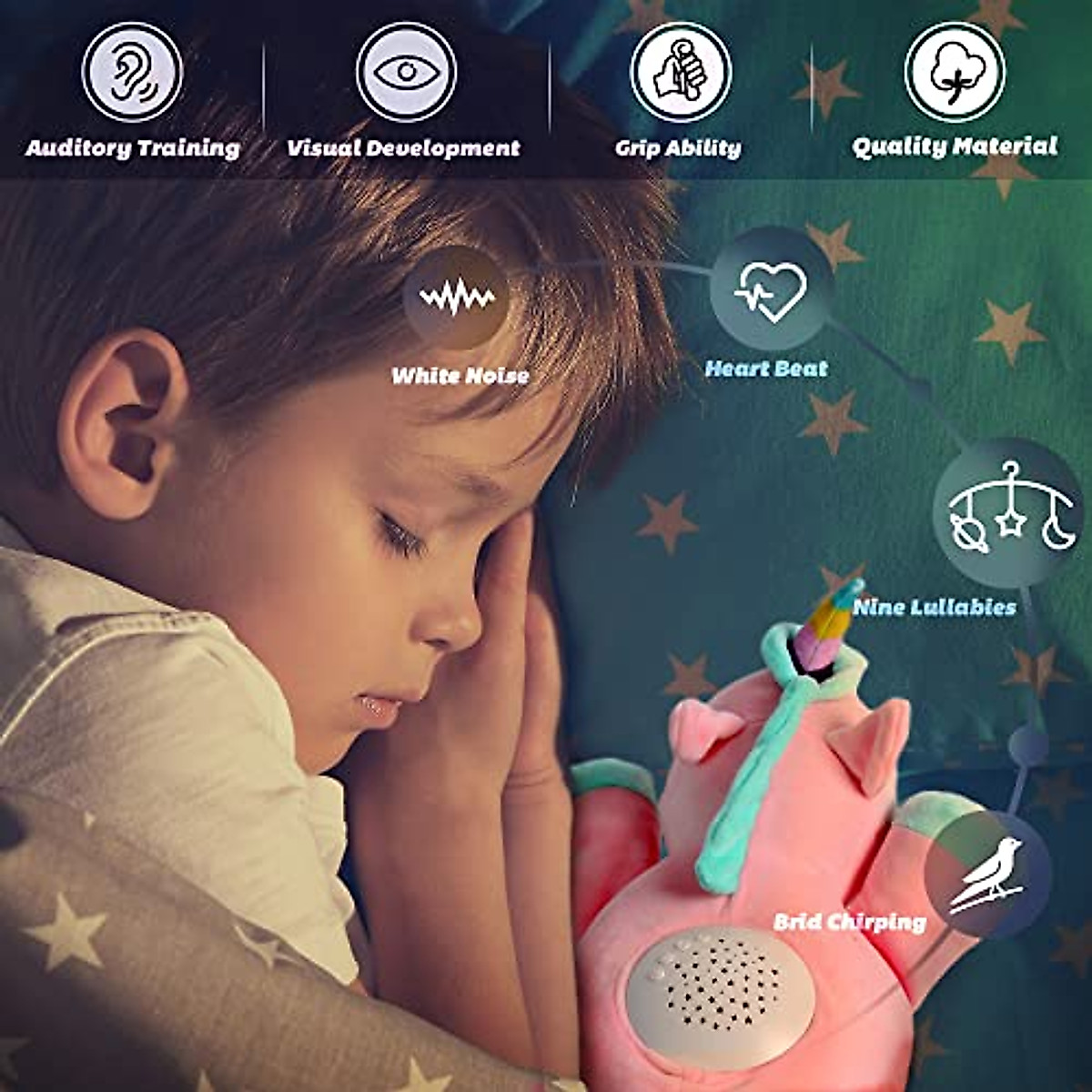 Linzy Toys Starry Night Baby Night Light with Projector with Soothing Sounds, Lullabies and White Noise Soother for Kids, Nursery Decor, Stuffed Animal Unicorn (57801), Pink