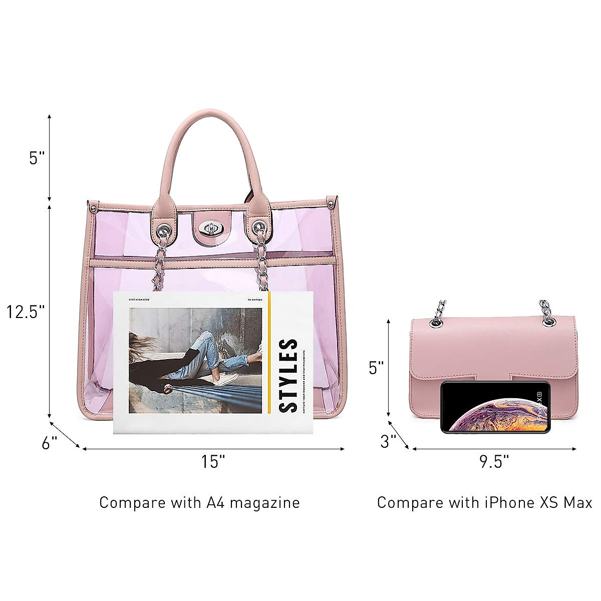 Large Clear Tote Bag Top handle Bag for Women Handbag Messenger Crossbody Purse With Turn Lock Closure (2 Sets) (Pink)