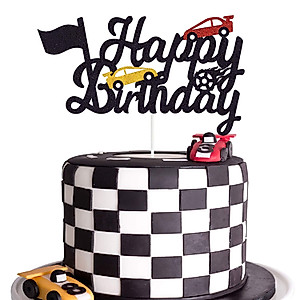 Marwey Race Car Birthday Cake Topper Happy Birthday Cake Decor Chequered Flag Themed Party Supplies Decorations(Doubled-Sided)