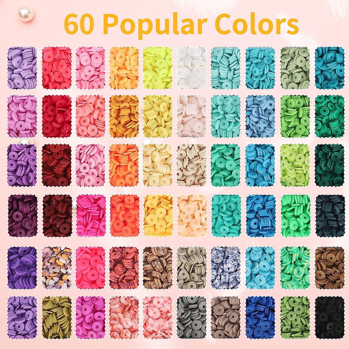 QUEFE 13000pcs, 60 Colors, Clay Beads for Bracelet Making Kit, Flat Round Polymer Heishi Beads with Letter Beads for DIY Craft Gifts, Necklace Jewelry Making, Set for Girls 8-12