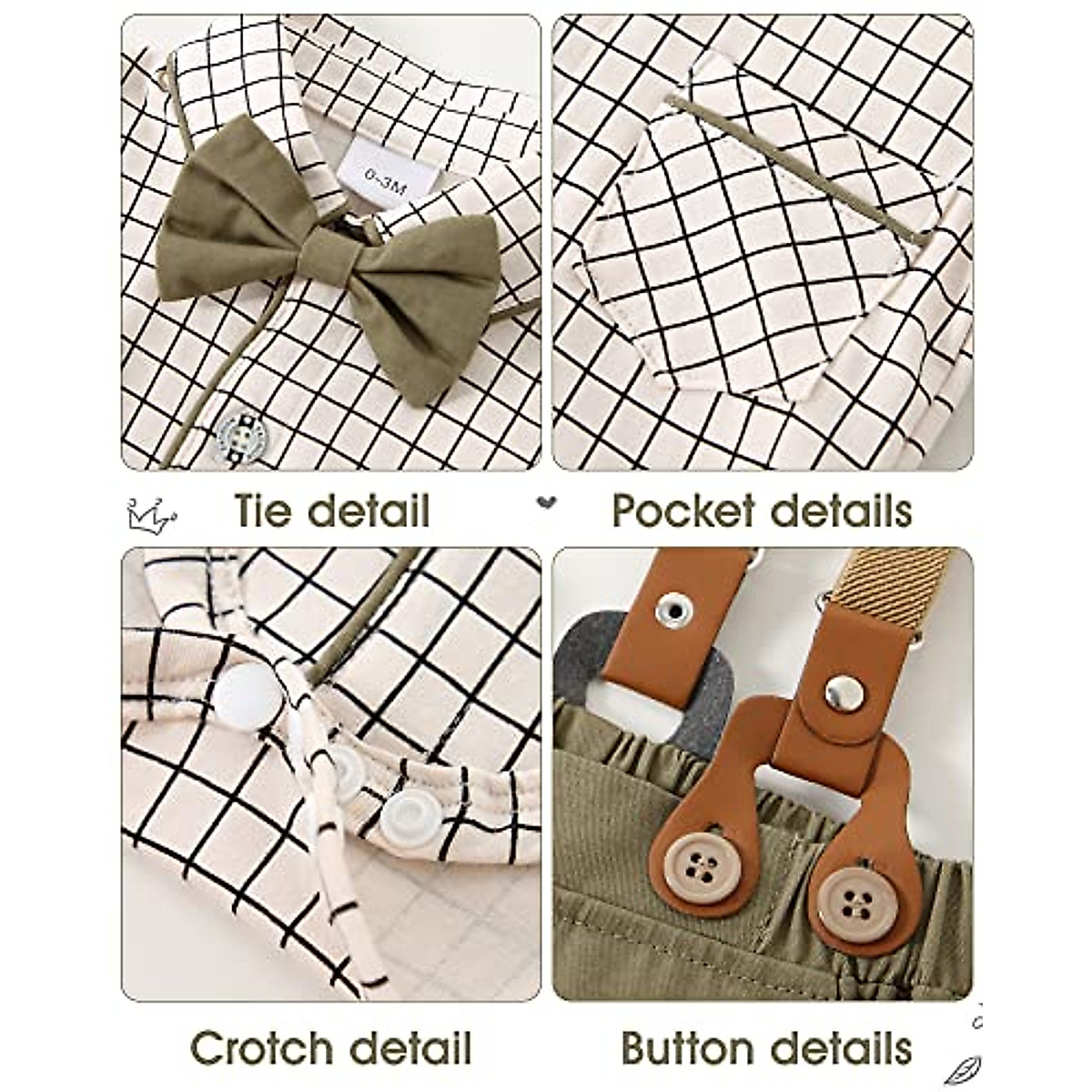 CARETOO Baby Boy Formal Outfits Baby Boy Wedding Outfit Dress Shirt/Bowtie/Suspender Pants Set Green 0-3Months