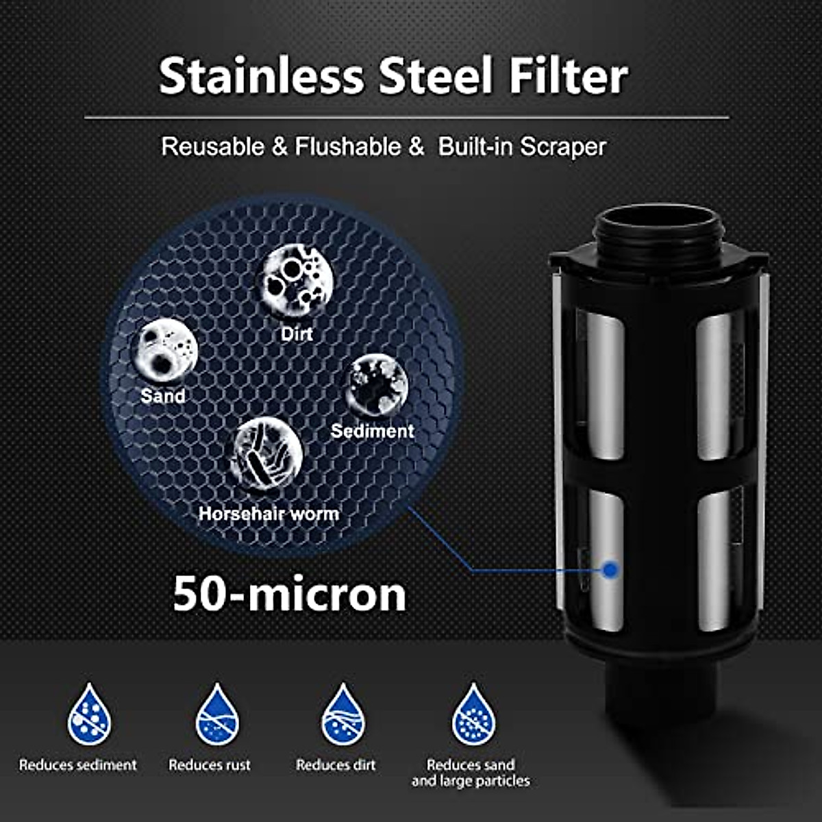 ALTHY Spin Down Sediment Filter, Reusable Whole House Sediment Water Filter, Flushable Prefilter Pre-Filtration System, 3/4" + 1/2", 40-Micron Stainless Steel Mesh, Traps Rust, Dust, Sand