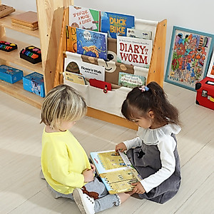 KRAND Kids Sling Bookshelf for Toddler Boys and Girls Book Rack Storage Baby Bookcase Organizer,Features Strong Canvas Sleeves&Solid Wood Structure (Natural/Basic)