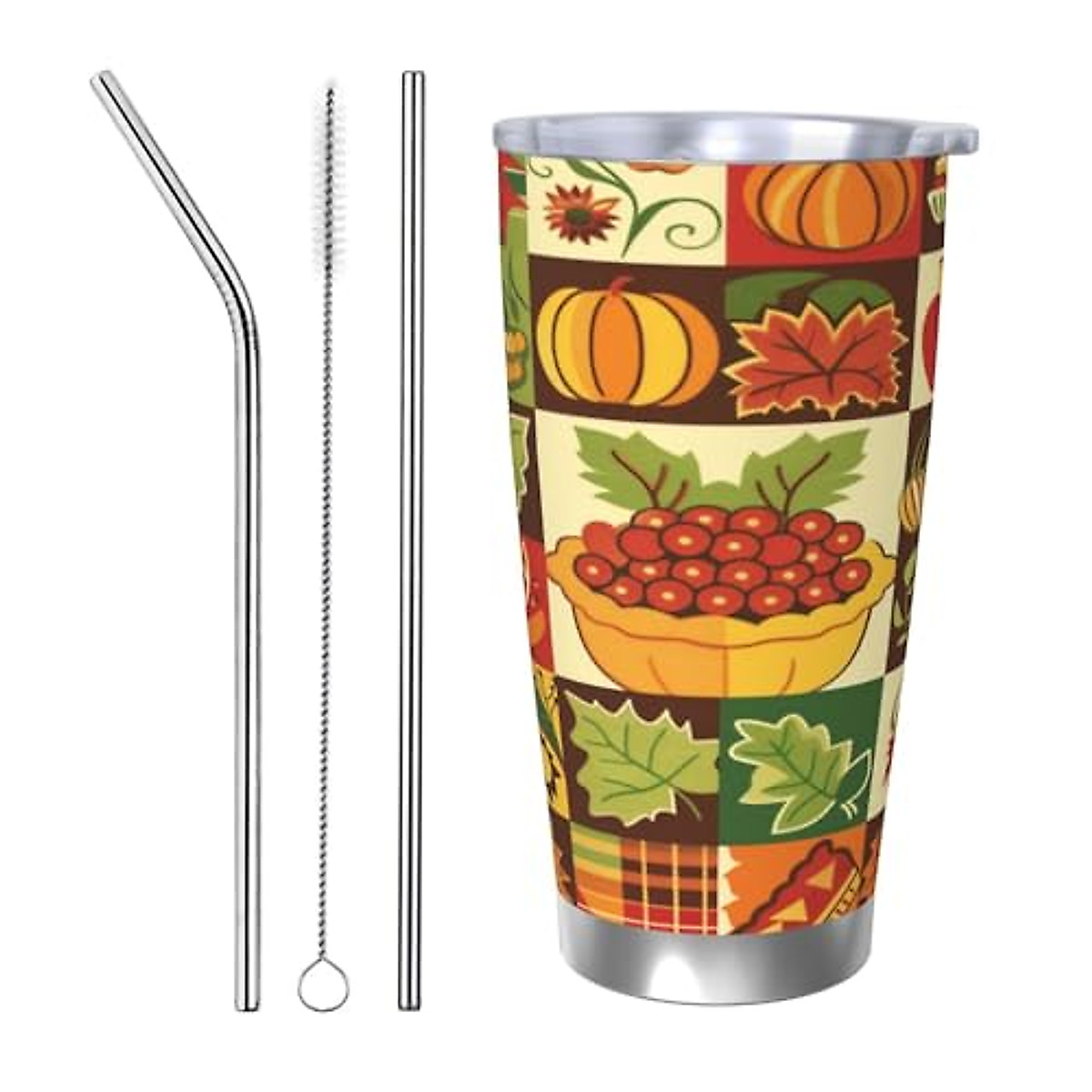 AYCZN Thanksgiving Harvest 20 OZ Tumbler Stainless Steel Travel Coffee Mug, Grape Pumpkin Insulated Water Bottle with Lid and Straws Leakproof Thermal Cup