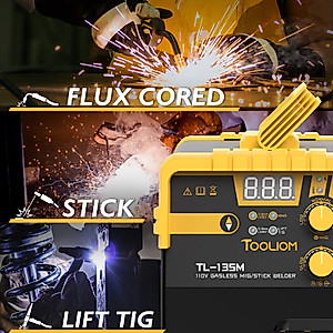 TOOLIOM 135A Flux Core Welder MIG Welder 110V Flux MIG/Lift TIG/Stick 3-in-1 Welding Machine IGBT DC Inverter