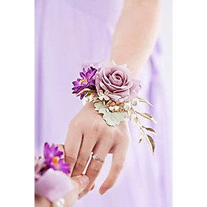 Ansofi Purple Corsage and Boutonniere Set, Prom Artificial Flower Wrist Corsage Bracelets, Homecoming Corsage Wristlet, Boutonniere for Men Wedding Flowers Accessories Prom Suit Decorations