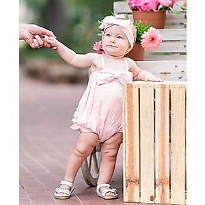 RuffleButts® Baby/Toddler Girls Pink Striped Seersucker Bubble Romper w/Bow - 3-6m