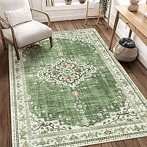 YesRug Green Small Rug 3x5, Boho Vintage Rug for Bathroom Living Room Bedroom Kitchen Office Rug, Non Slip Washable Soft Low Pile Area Rug Distressed Floor Carpet