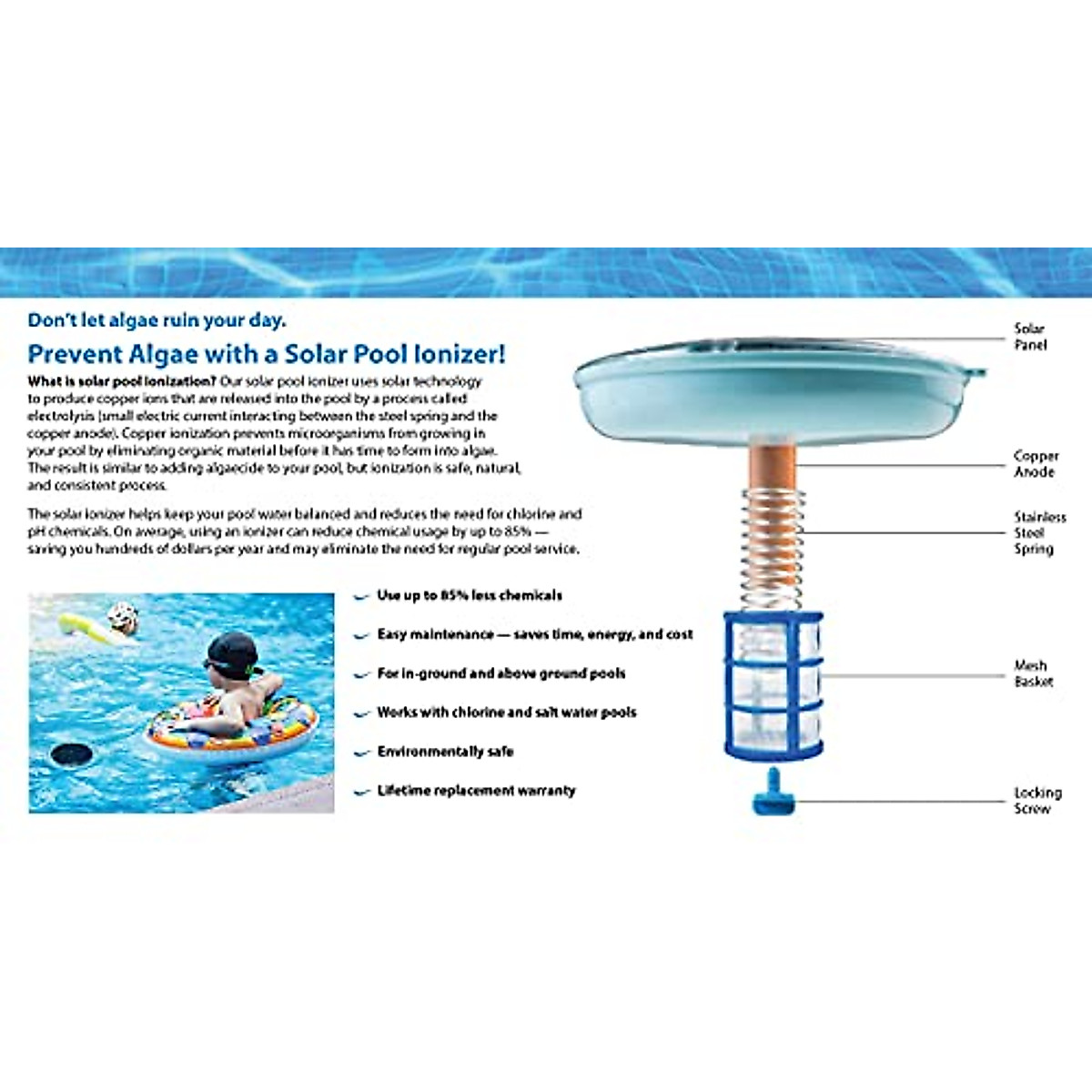 Original Solar Pool Ionizer | 85% Less Chlorine | Lifetime Replacement Program | Kill Algae in Pool | High Efficiency | Keeps Pool Cleaner and Clear | Clarifier | Free Buddy Band | Up to 35,000 Gal
