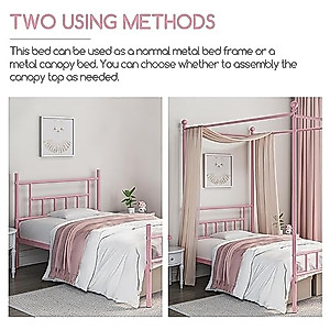 Yaheetech Twin Canopy Bed Frames Metal Platform Bed Frame Four-Poster Canopied Bed Mattress Foundation with Headboard and Footboard Sturdy Slatted Structure Easy Assembly No Box Spring Needed Pink