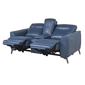 BOWERY HILL Ocean Blue Top Grain Leather Power Reclining Console Loveseat