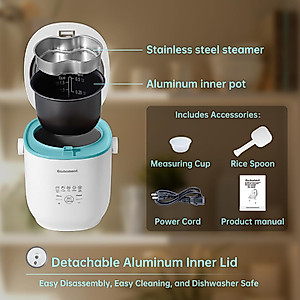 Green Mini Rice Cooker Small 1 Cup-2 Cup Non-Stick Coated Insert Food Steamer Kitchen Appliances Includes Vegetable Steamer