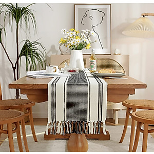 Caflife Boho Table Runner Balck and White for Modern Farmhouse Decor, Natural Cotton Woven Runner with Tassels for Home Dining Table décor 13 x 72 Inch Long