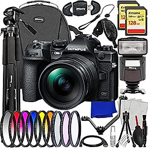 Ultimaxx Advanced OM System OM-1 Mirrorless Camera w/ 12-40mm f/2.8 Lens Bundle - Includes: 2X 128GB Extreme SDXC’s, Universal Speedlite, V-Shaped Bracket, Camera Backpack & Much More (37pc Bundle)