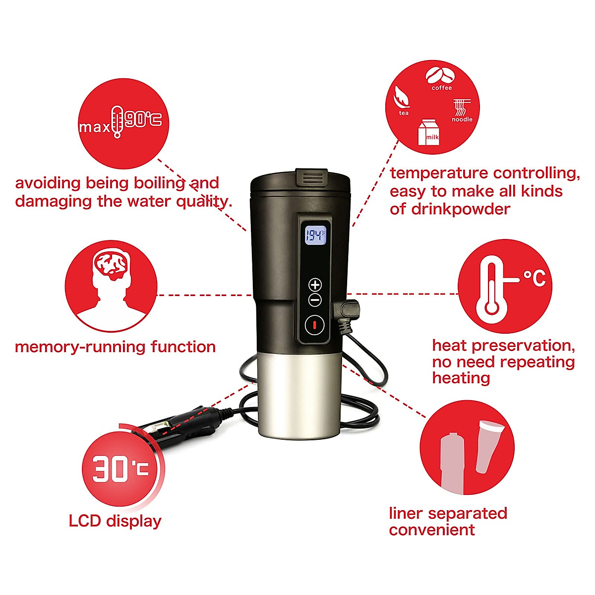 EAST MOUNT Smart Temperature Control Travel Coffee Mug Electric heated Travel Mug 12V Stainless Steel Tumbler Smart Heating Car Cup Keep Milk Warm LCD display Easily Washing Safe for use (Black)