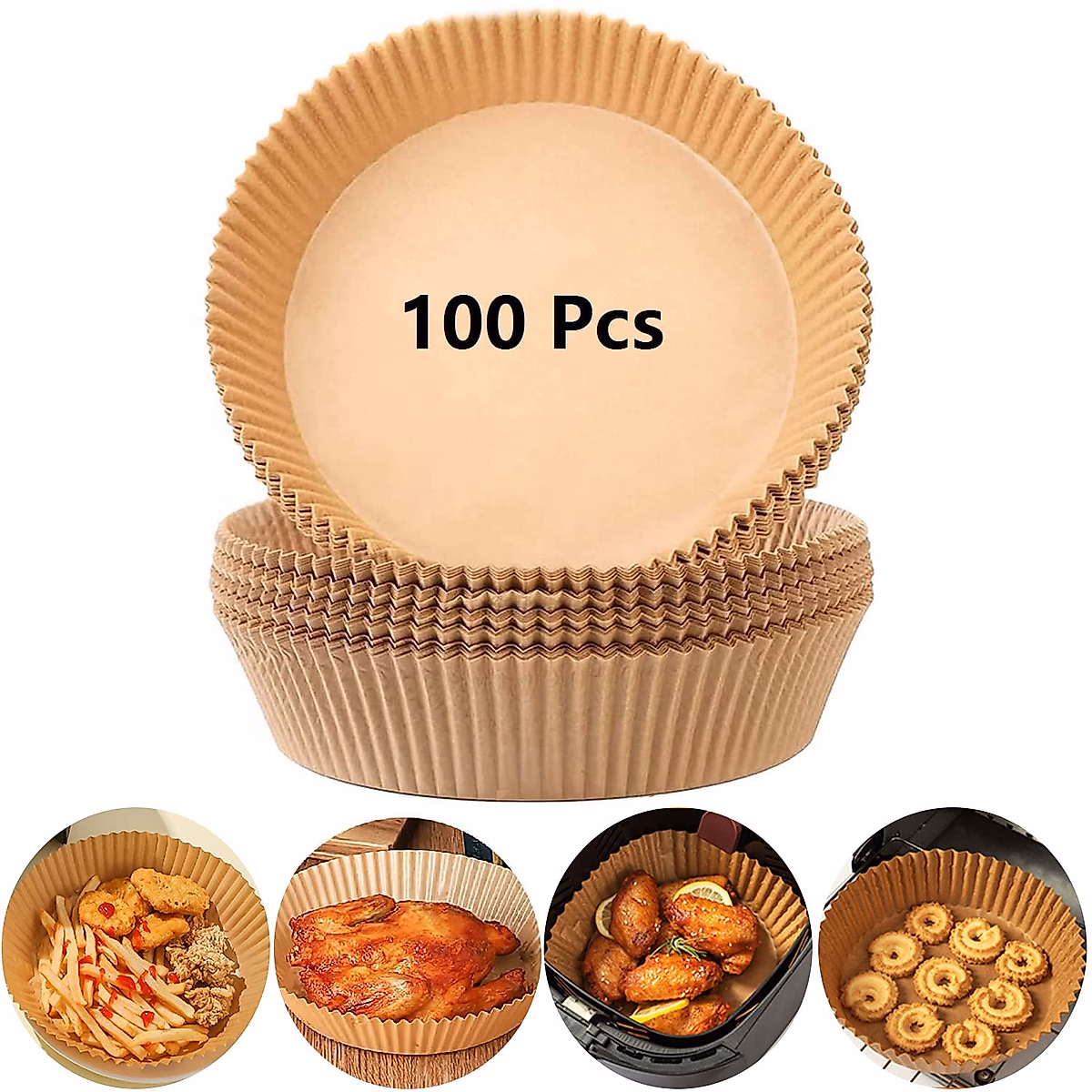 Air Fryer Liners Disposable 100pcs Air Fryer Parchment Paper 8 Inch (Fit 5-8 Qt) Non-Stick Oil Paper For Air Frying, Baking, Microwave Oven Baking