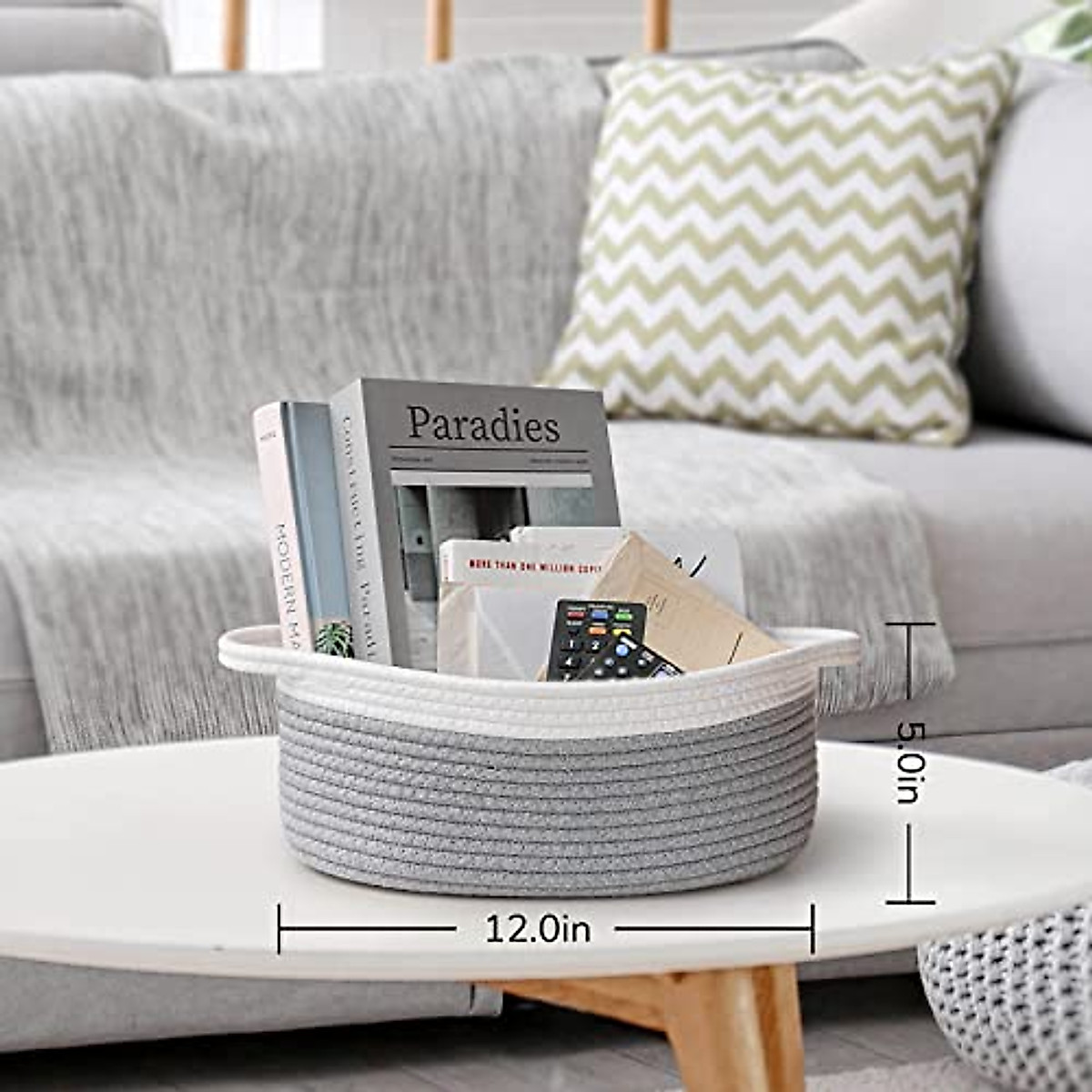 Goodpick Small Woven Basket Cute Gray Rope Basket Cotton Basket Baby Room Storage Basket Dog Toy Basket with Handles Empty Gift Basket for Shelf 12"x 8" x 5" Easter Basket Oval Candy Color Design