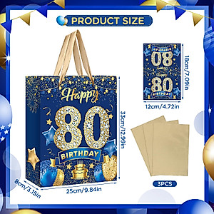 Blue 80th Birthday Gift Bag, Large Navy Blue and Gold Happy 80th Birthday Gift Bag with Card and 3pcs Tissue Paper for Men Women 80th Anniversary Birthday Party Favors Goodie Wrapping Bag Supplies