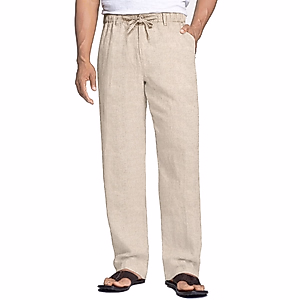COOFANDY Men's Linen Cotton Pants Drawstring Waist Modern Waistband Trousers (Khaki, L)