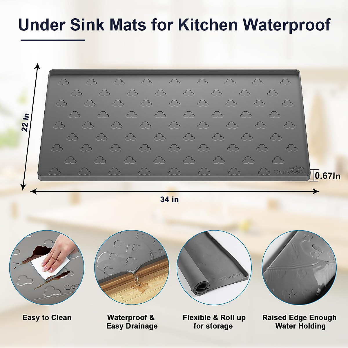 Under Sink Mat - Waterproof Kitchen Cabinet Tray - 34" x 22" Flexible Silicone Under Sink Liner with Drain Hole - Kitchen Bathroom Cabinet Mat and Protector for Drips Leaks Spills