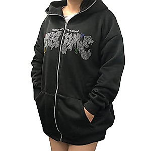 Faretumiya Women Men Rhinestone Hoodie Y2k Graphic Zip Up Unisex Sweatshirt Sparekly Oversized Pullover Jacket Streetwear（black two，Large）
