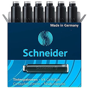 Schneider Ink Cartridge, Standard Format, Ball Closure, Refill for Fountain and Cartridge Rollerball Pens, Black Ink, Box of 6 Cartridges (6601)